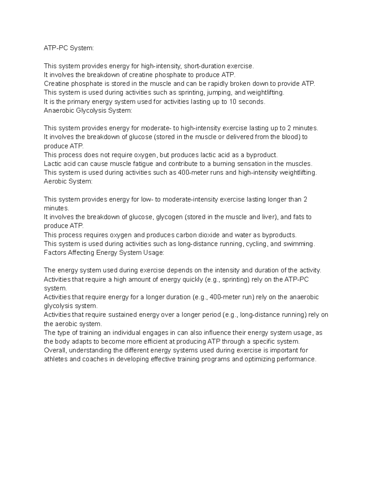 ATP-PC System - ATP-PC System: This system provides energy for high ...