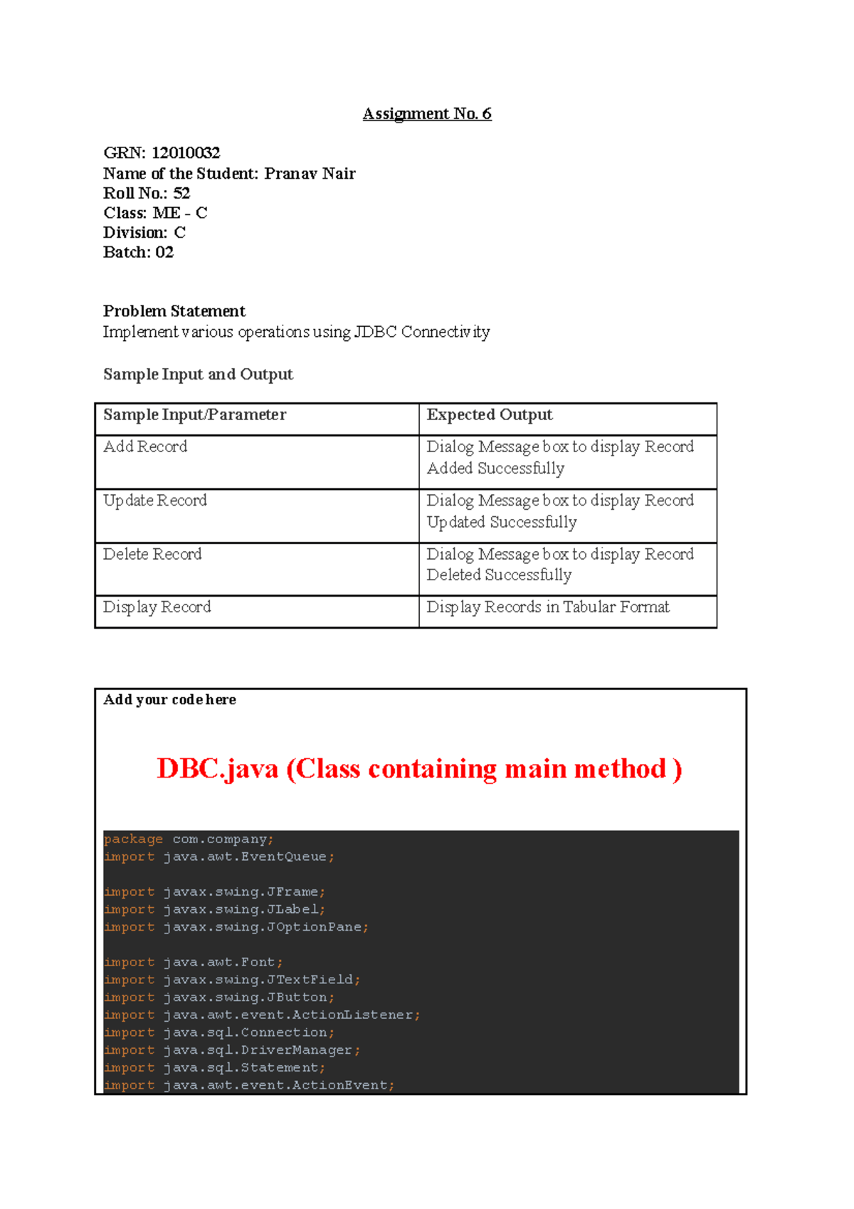 C 52 Pranav Nair OOP Lab 6 - Assignment No. 6 GRN: 12010032 Name of the Student: Pranav Nair ...