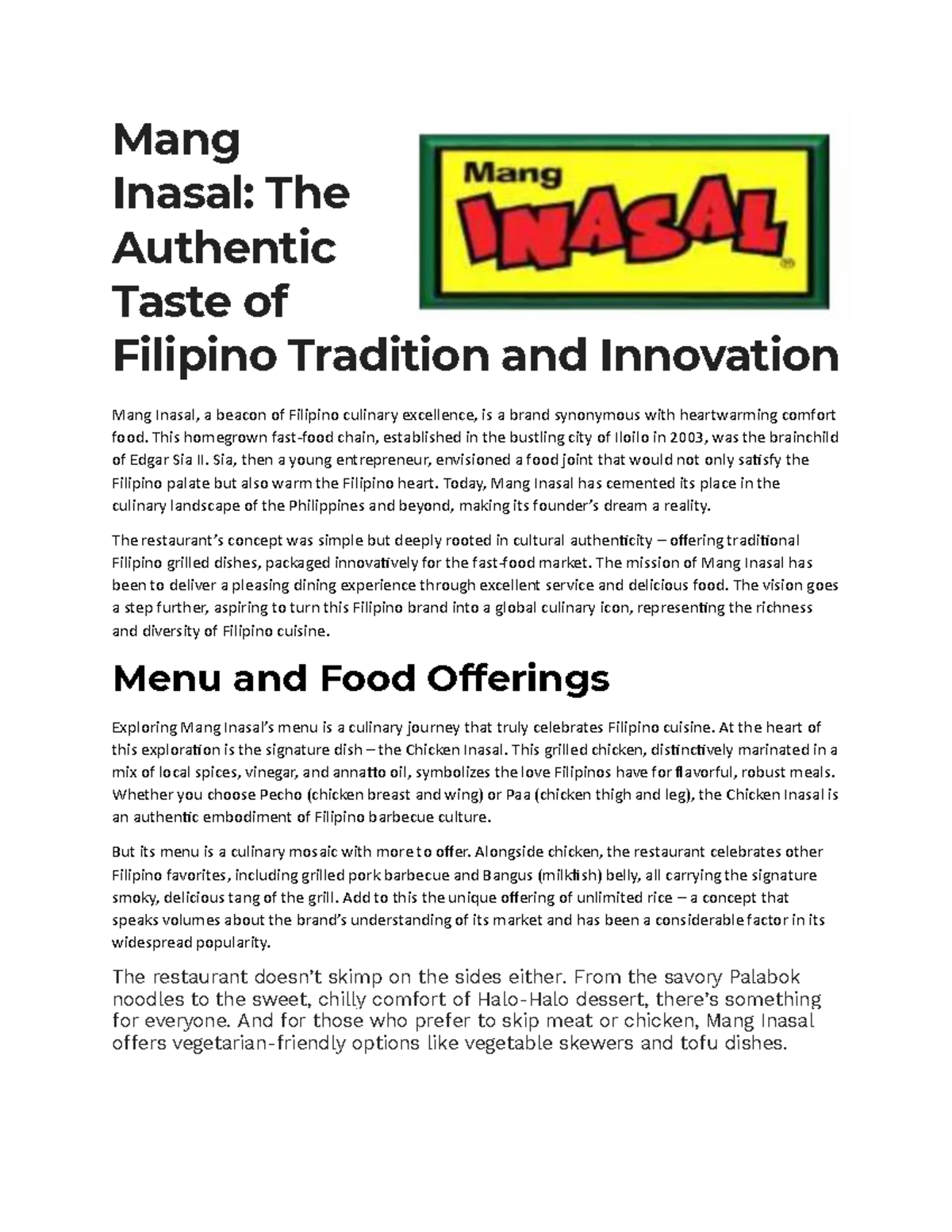 The Case Study of Mang Inasal - Mang Inasal: The Authentic Taste of ...