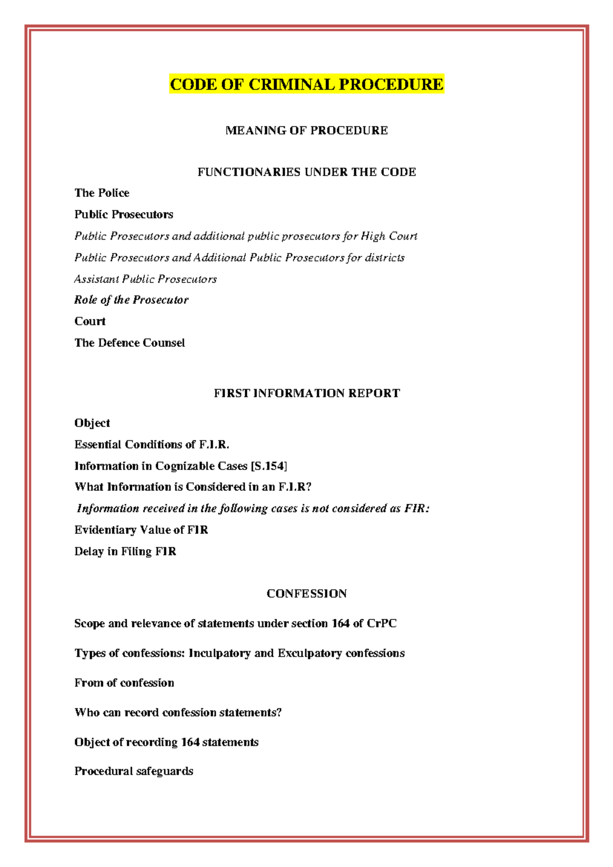 CRPC Notes 79 pages - CODE OF CRIMINAL PROCEDURE MEANING OF PROCEDURE ...