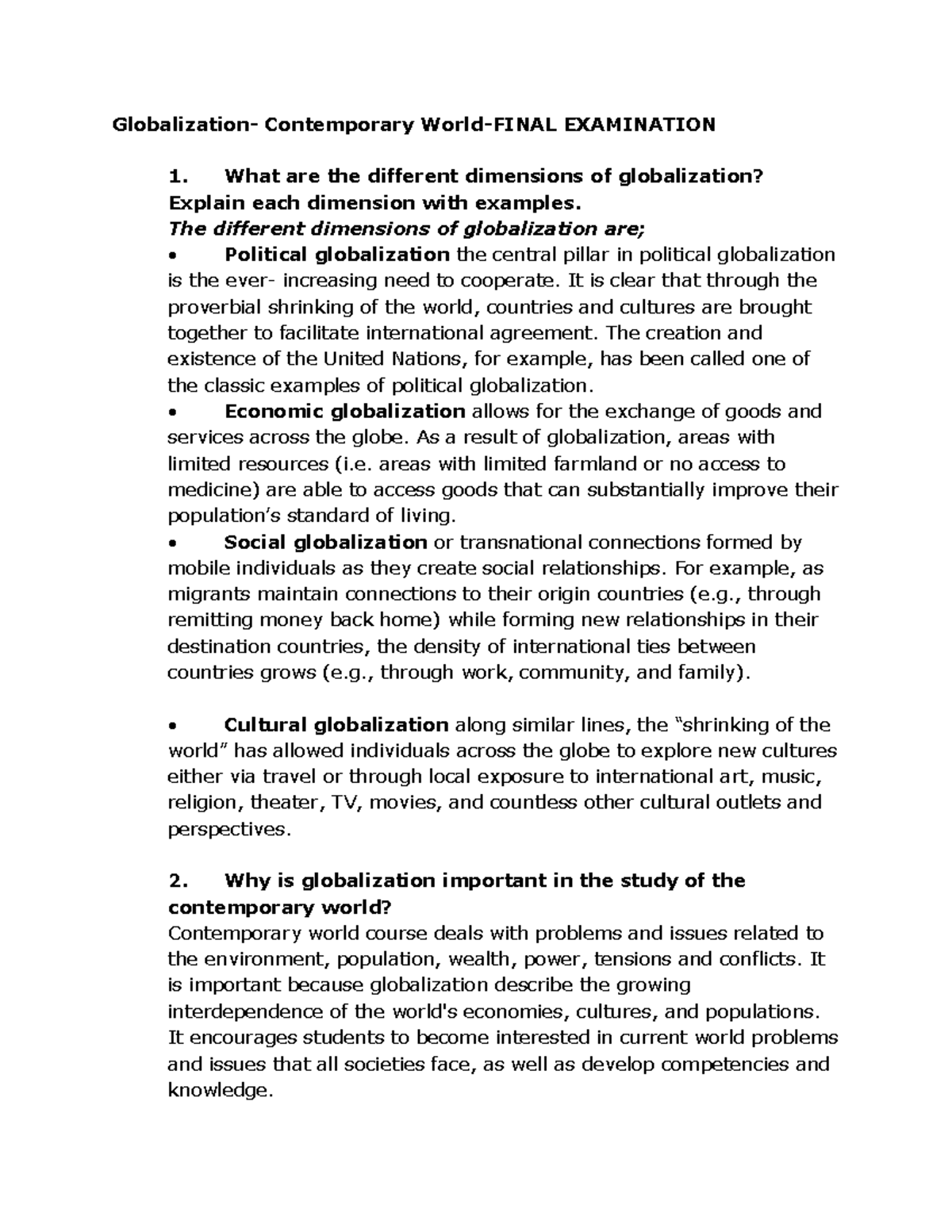 Globalization- Contemporary World- Final Examination - Globalization ...