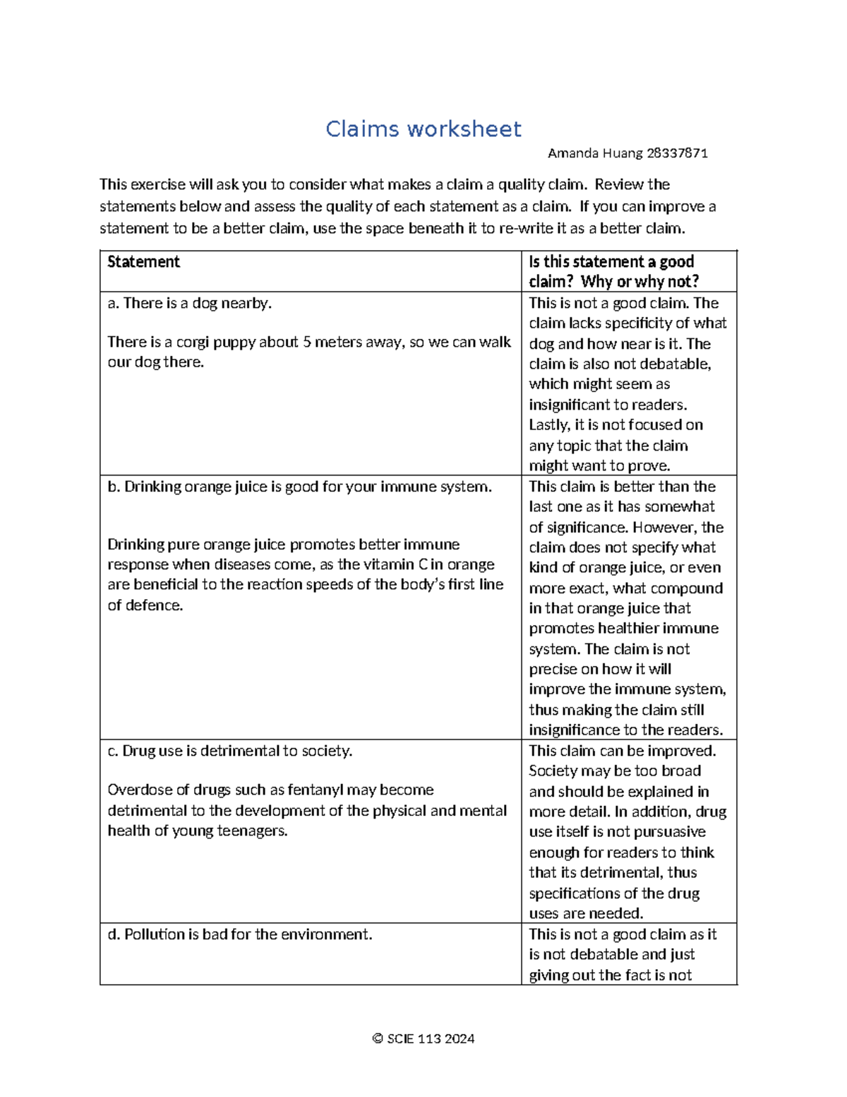 Claims Worksheet - Claims worksheet Amanda Huang 28337871 This exercise ...