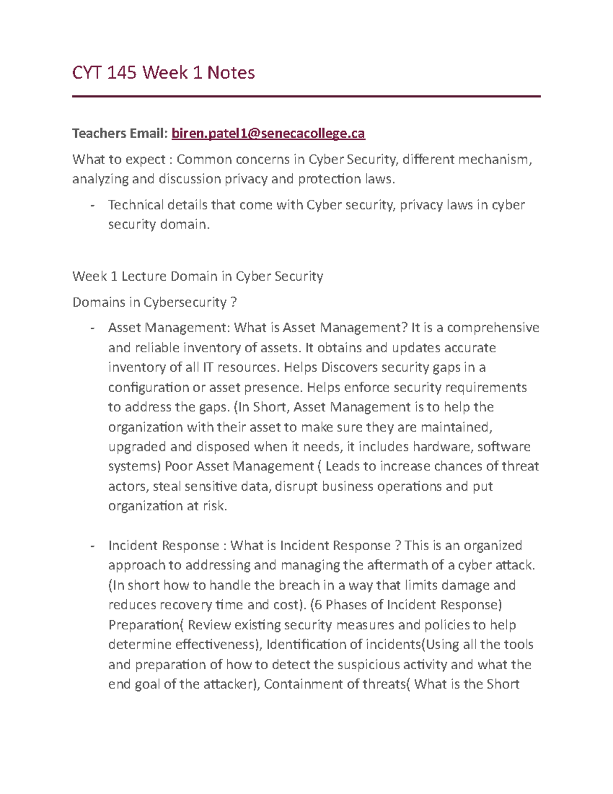 CYT 145 Week 1 Notes - Biren Patel - CYT 145 Week 1 Notes Teachers ...