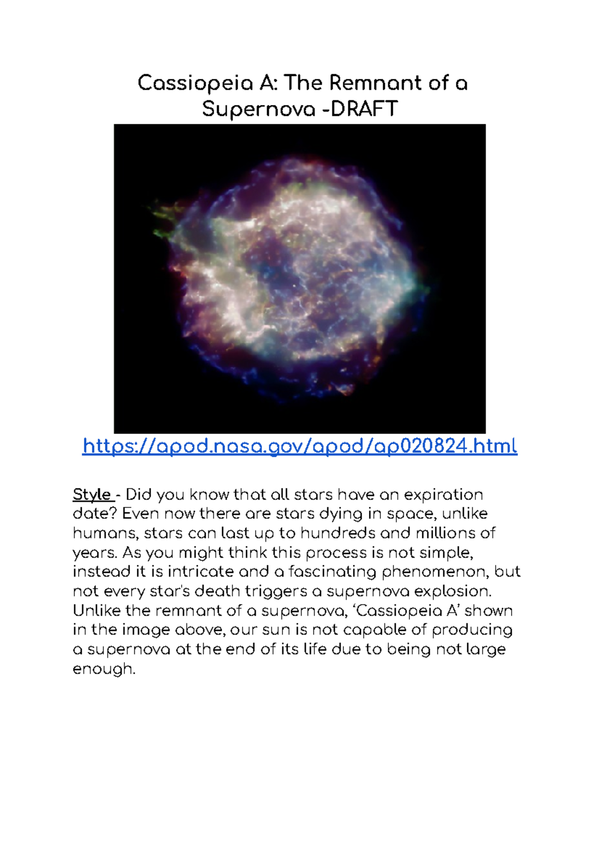 APOD Draft - apod plan - Cassiopeia A: The Remnant of a Supernova ...