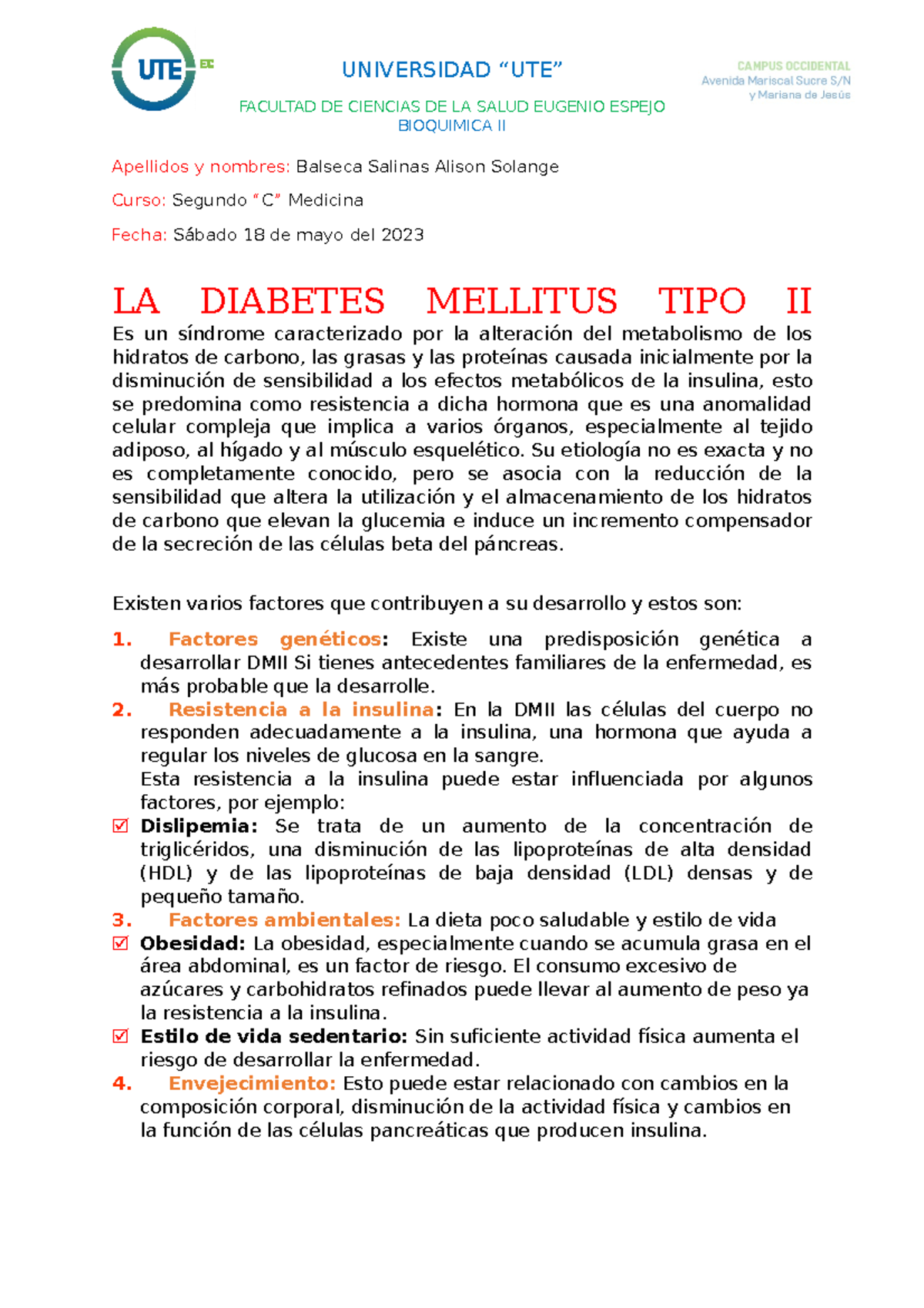 La diabetes mellitus tipo II - Apellidos y nombres: Balseca Salinas ...