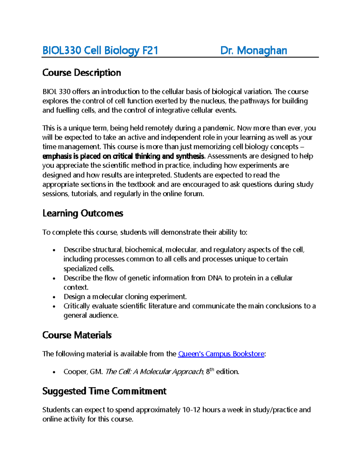 Biology course outline - BIOL330 Cell Biology F21 Dr. Monaghan Course ...