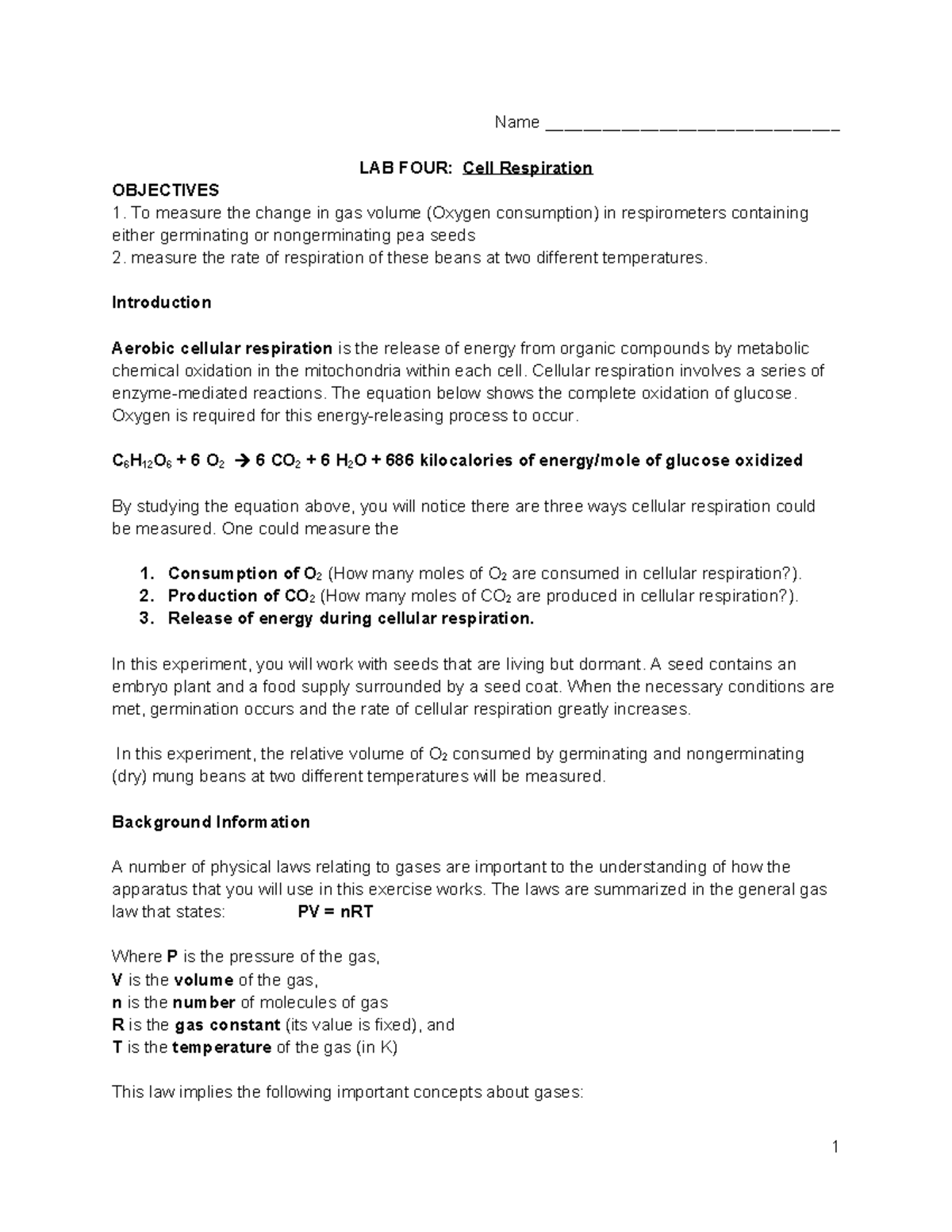 Lab 4 Cell Respiration - LAB - Name _______________________________ LAB FOUR: Cell Respiration ...