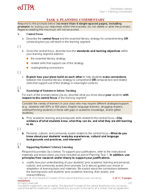 Task 1 part A - Edtpa - Elementary Literacy Task 1: Context for ...