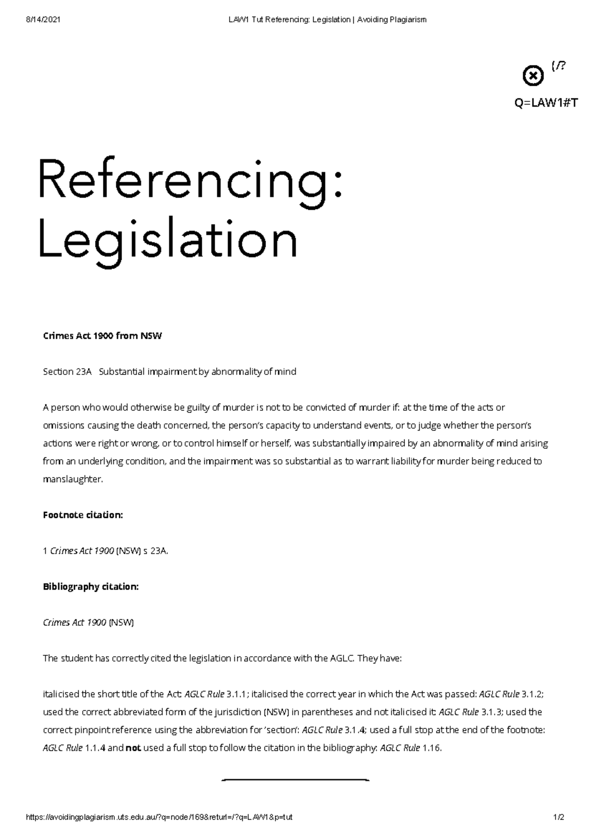 LAW1 Tut Referencing Legislation Avoiding Plagiarism - 8/14/2021 LAW1 ...