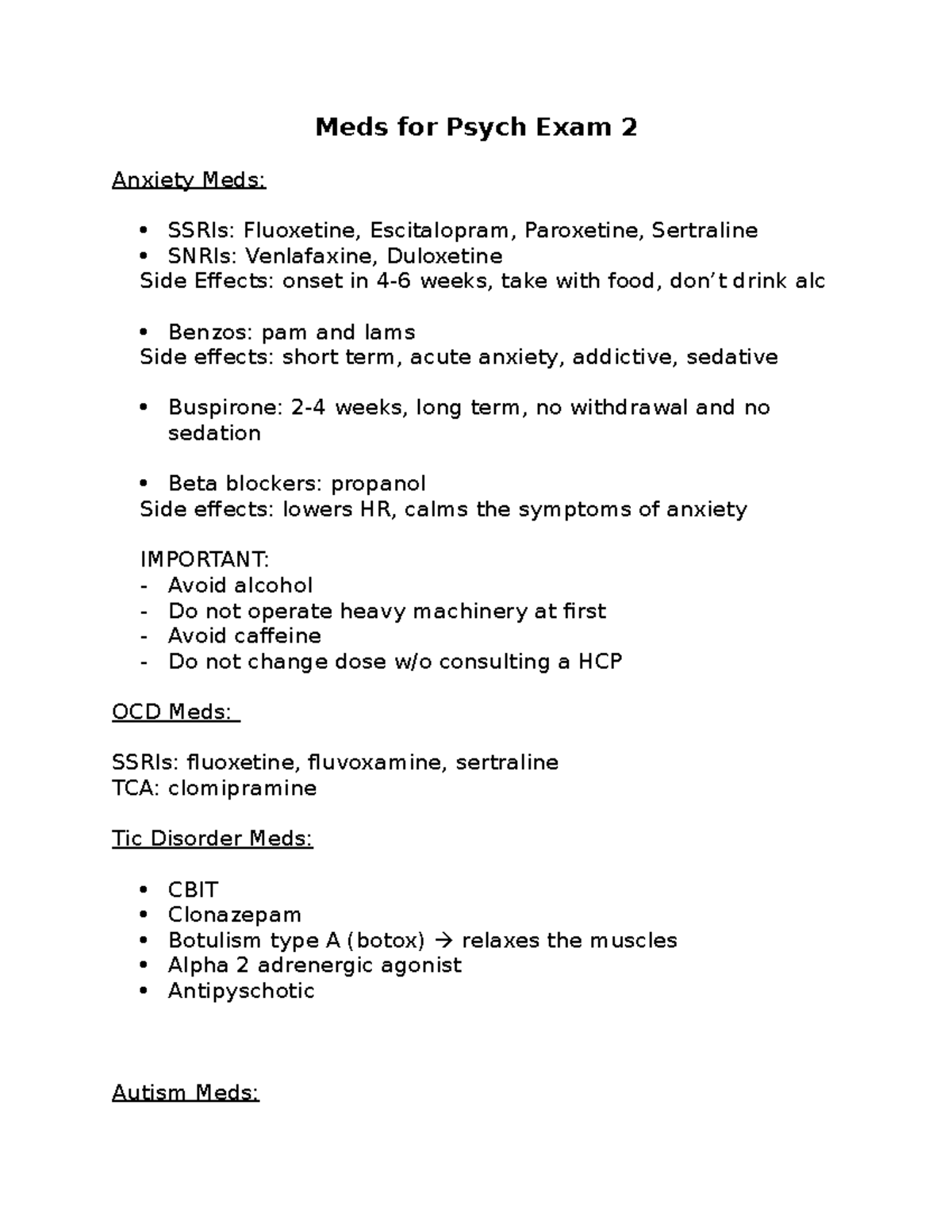 Mental Health Notes for Exam 2, medications, study guide for medication ...