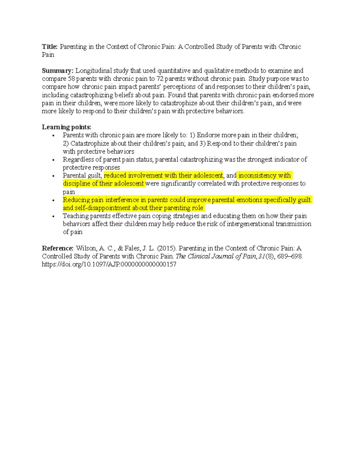 Updated Learning points - Title: Parenting in the Context of Chronic ...