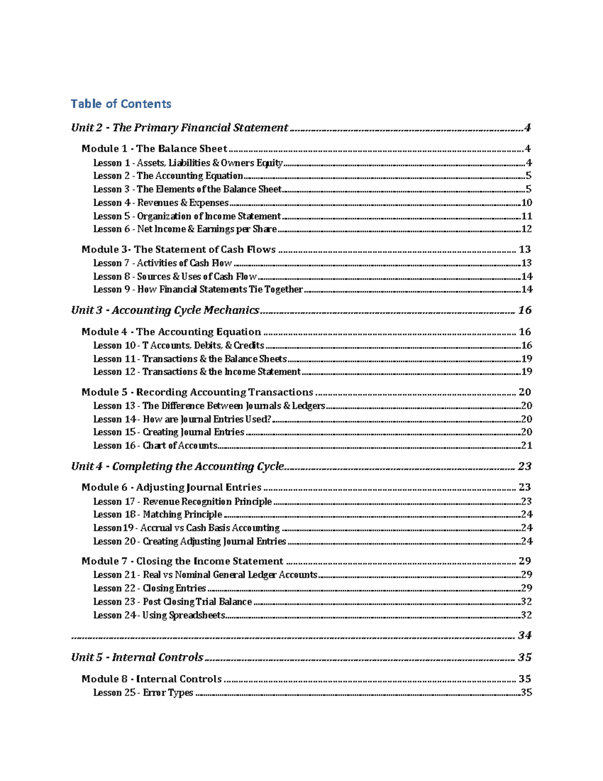 D102 Financial Accounting OA Study Guide - Table of Contents Unit 2 - The Primary Financial ...