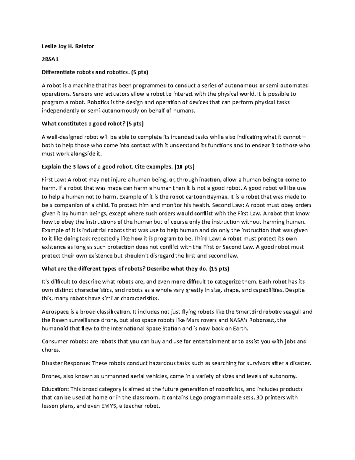 Robotics AND Humanity - Essay for STS - Leslie Joy H. Relator 2BSA ...