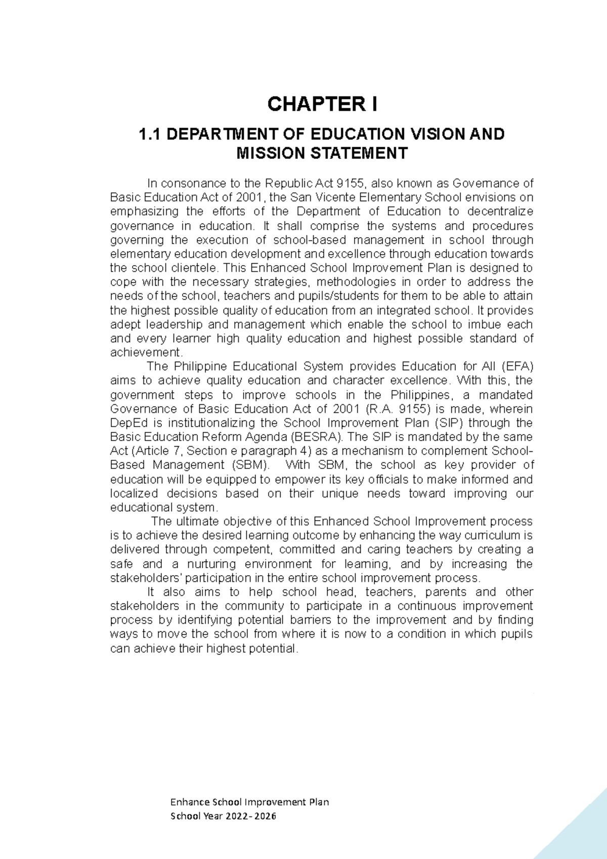 SIP Chapter Sanvicente - CHAPTER I 1 DEPARTMENT OF EDUCATION VISION AND ...
