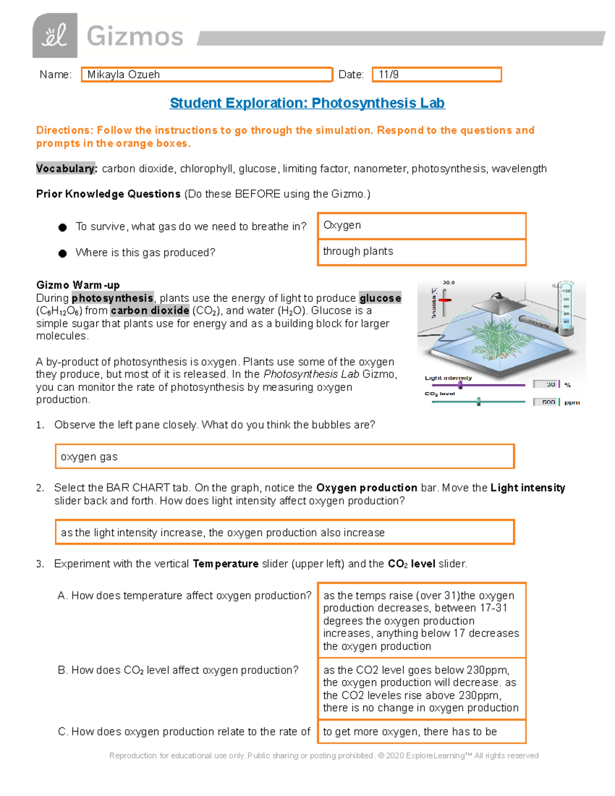 Photosynthesis Gizmo (1) - Name: Mikayla Ozueh Date: 11/ Student ...