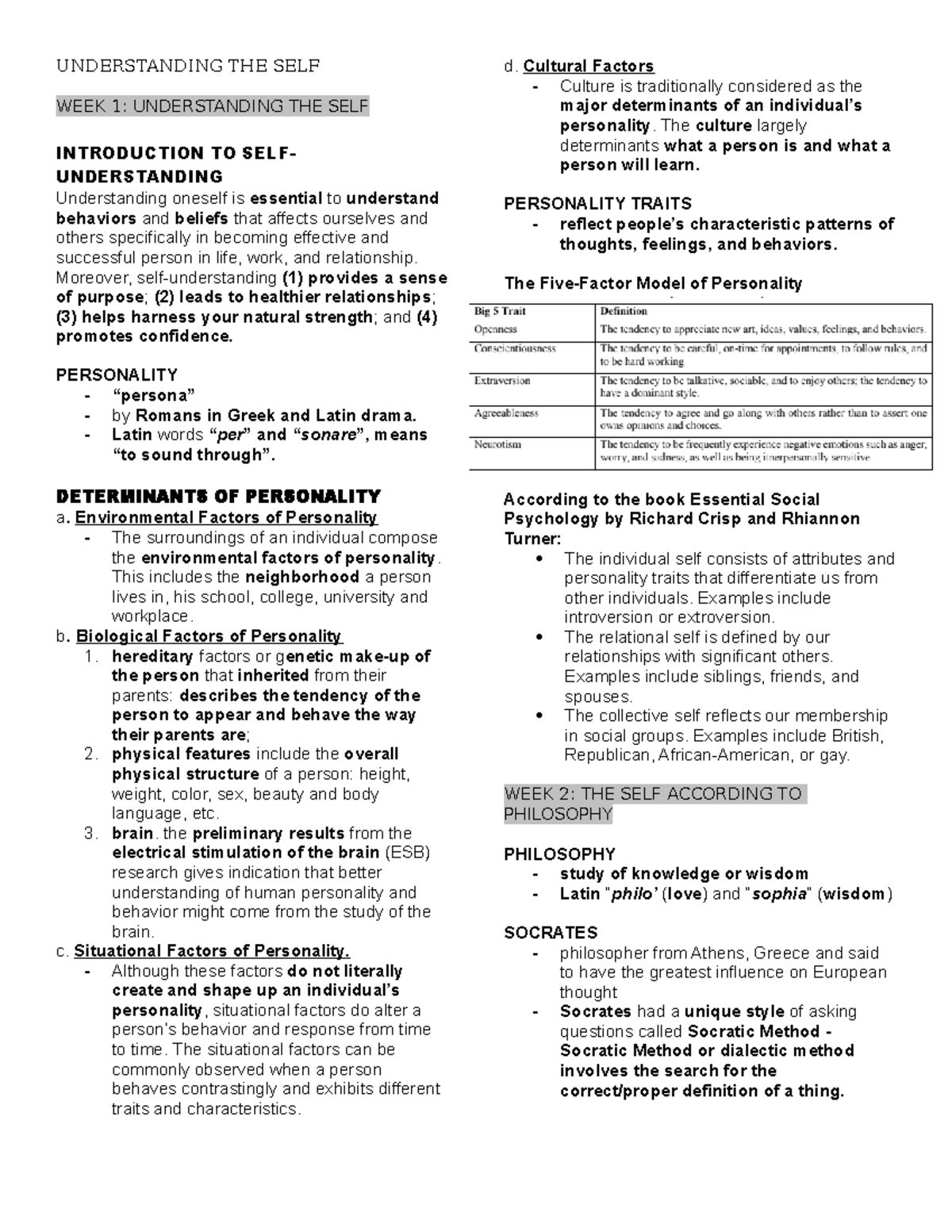 Understanding THE SELF - UNDERSTANDING THE SELF WEEK 1: UNDERSTANDING THE SELF INTRODUCTION TO ...