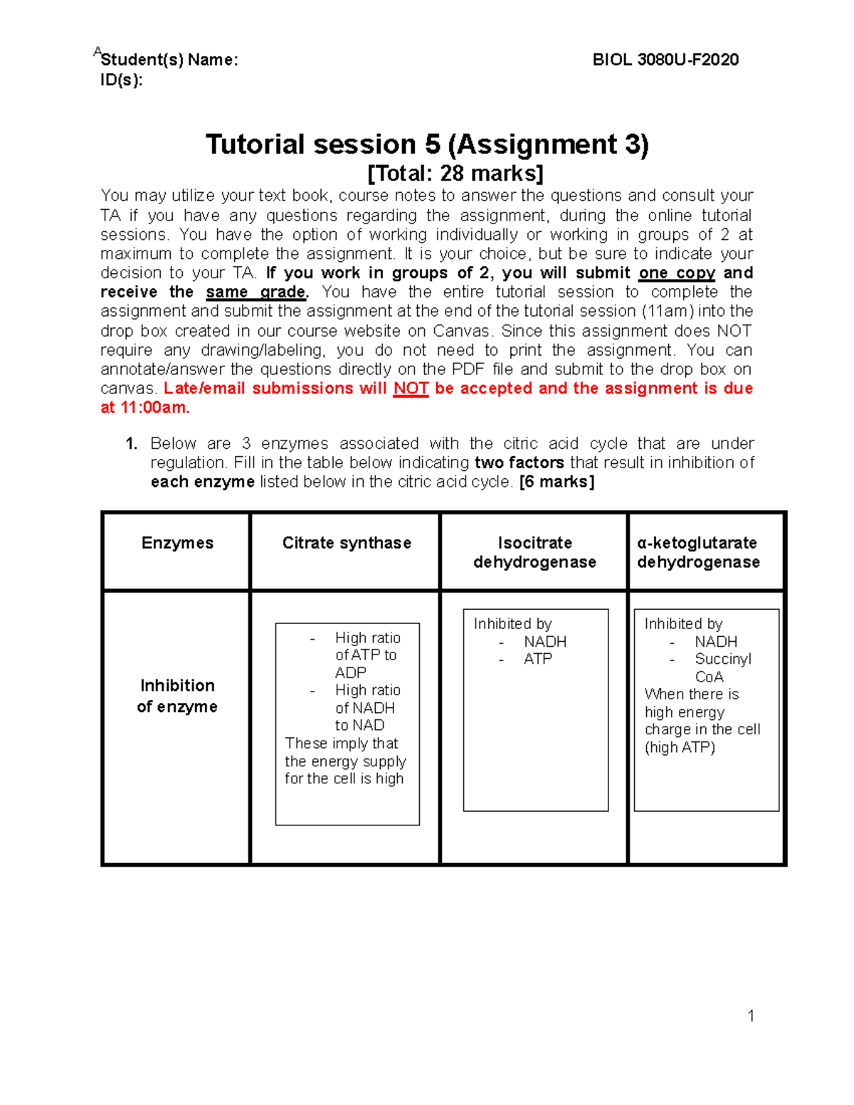 Tutorial 3 Assignment - Student(s) Name: ID(s): BIOL 3080U-F 1 Tutorial session 5 (Assignment 3 ...