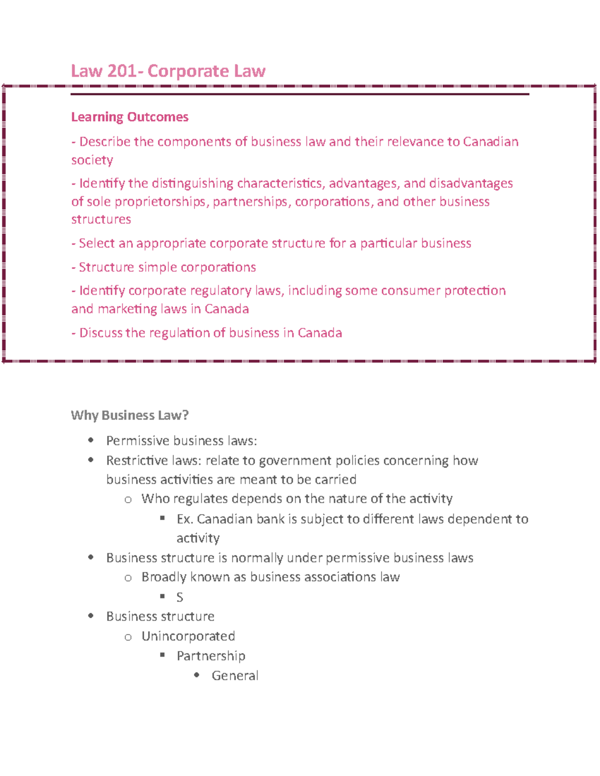 Corporate Law - Law 201- Corporate Law Why Business Law? Permissive ...
