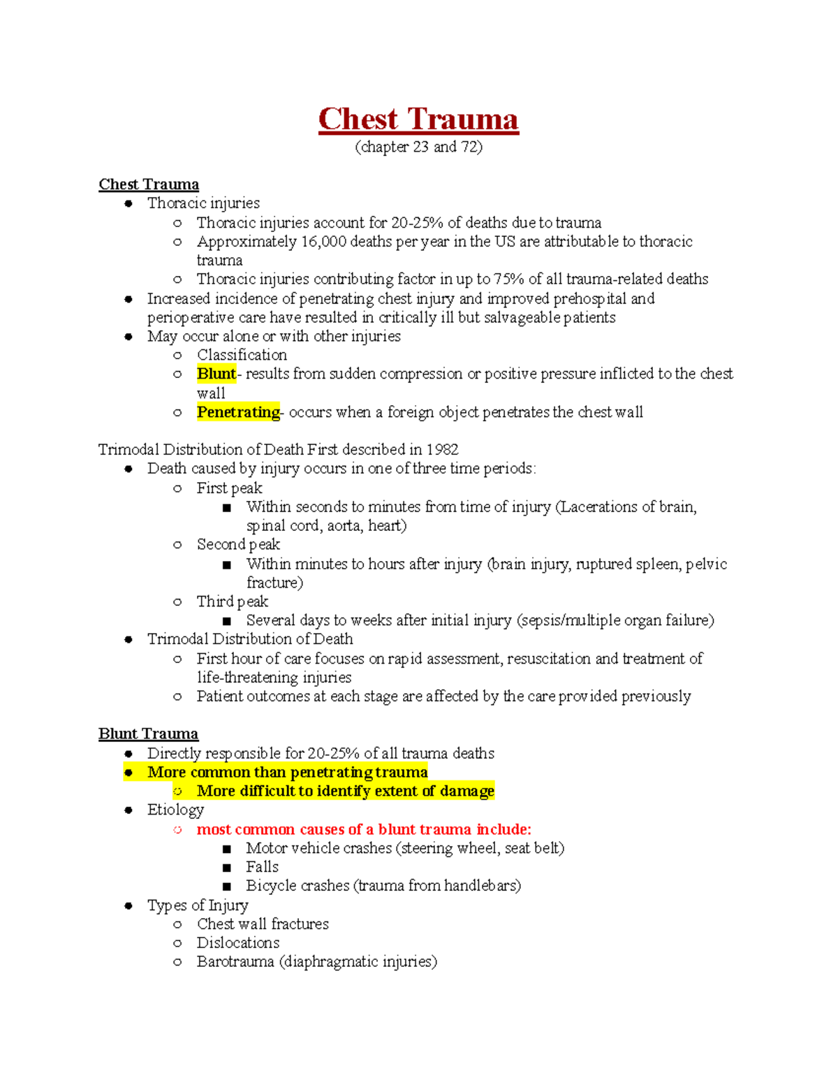 Chapter 23 Chest Trauma - Chest Trauma (chapter 23 and 72) Chest Trauma ...