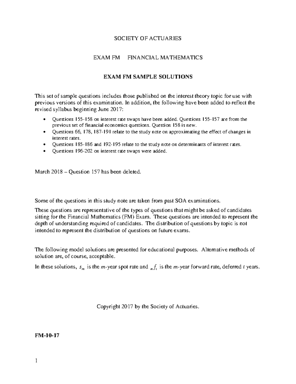 Exam fm sample solutions - SOCIETY OF ACTUARIES EXAM FM FINANCIAL ...