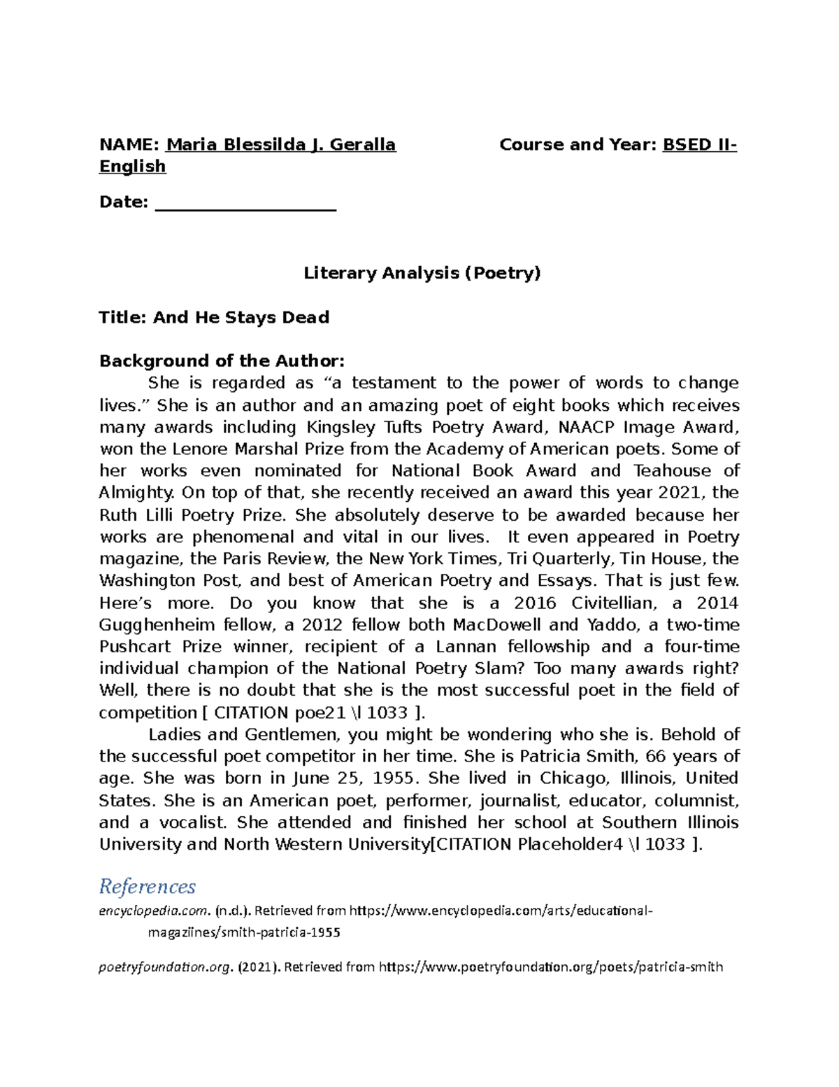 Literary Analysis for poem - NAME: Maria Blessilda J. Geralla Course ...