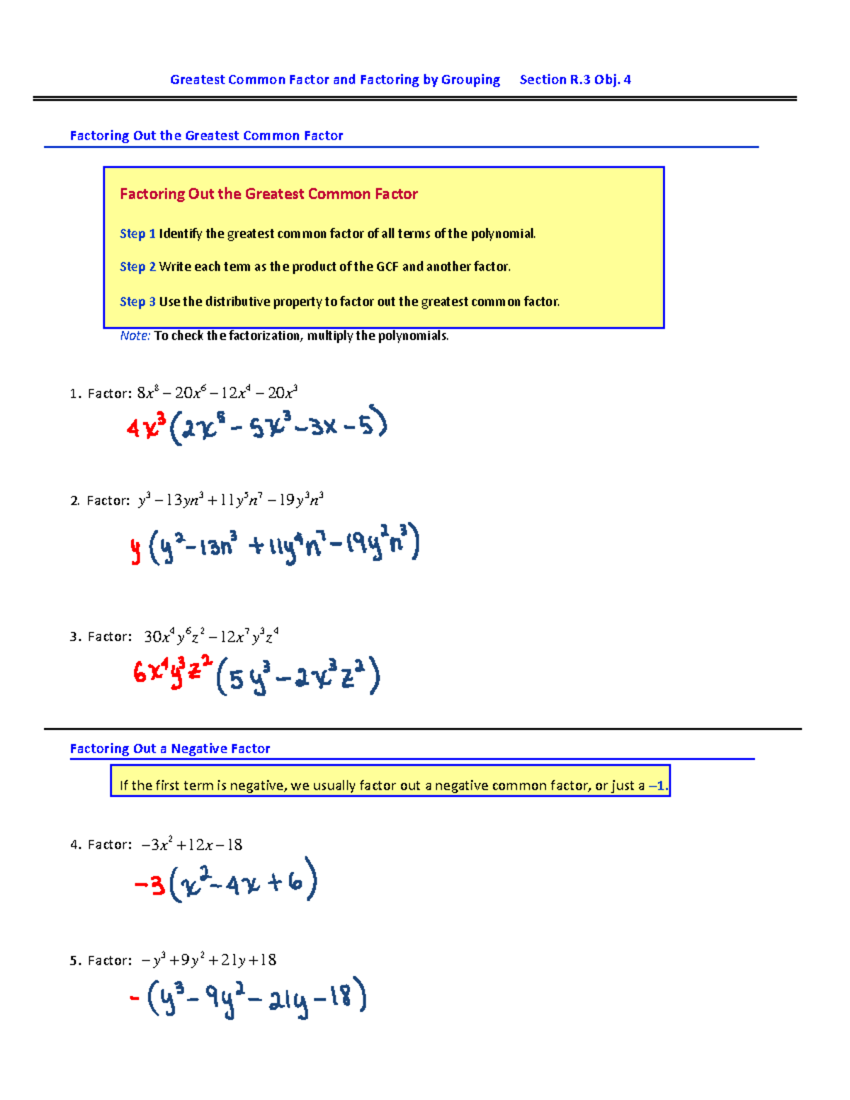 1 Lecture Notes R.3 Obj. 4 7 Solutions - Greatest Common Factor and ...