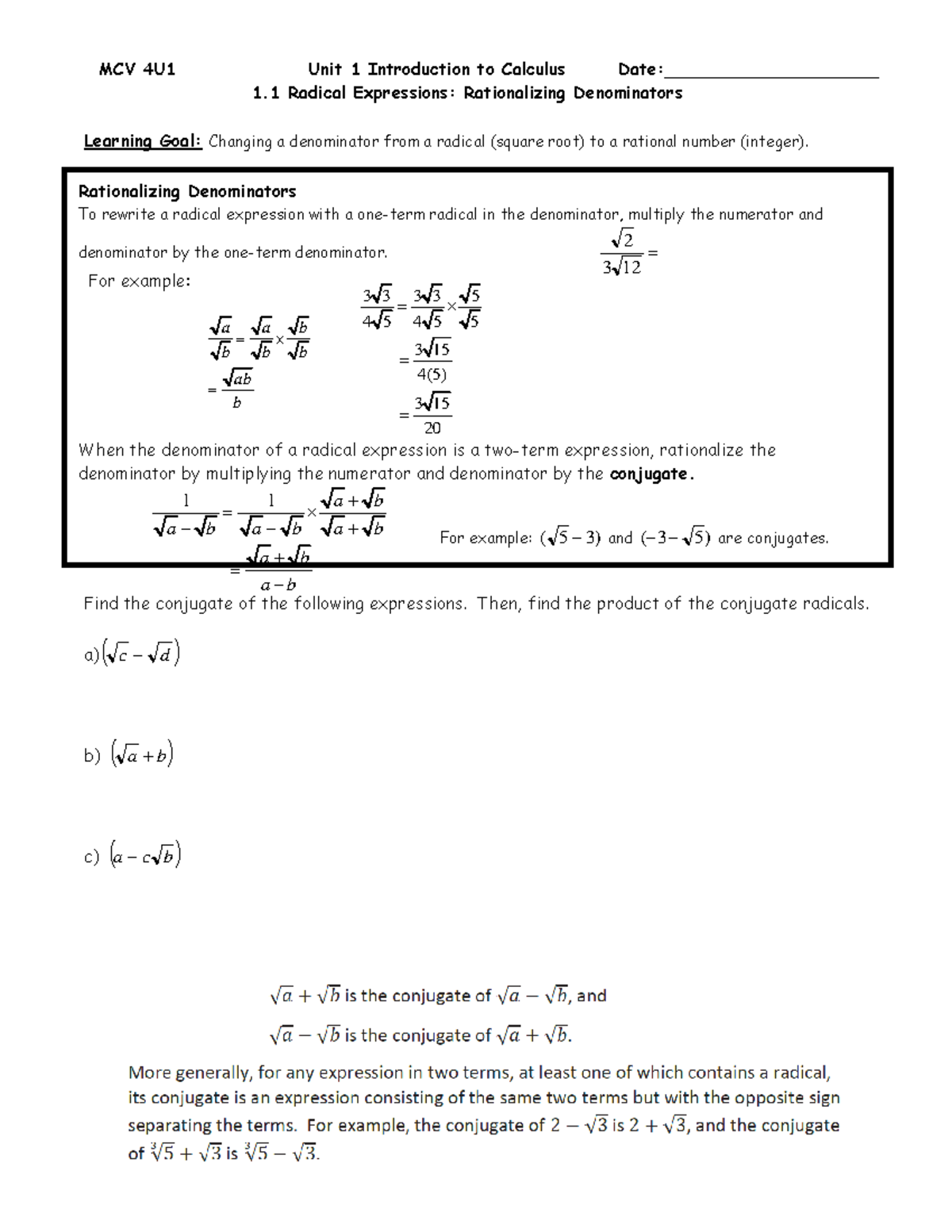 Ch.1 Intro to Calculus Notes - MCV 4U1 Unit 1 Introduction to Calculus ...