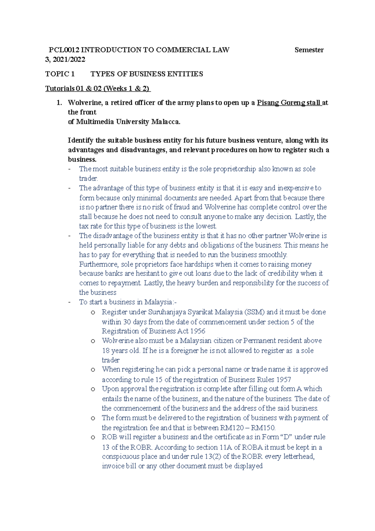Tutorial 1 - tuto 1 simple answer - PCL0012 INTRODUCTION TO COMMERCIAL LAW Semester 3, 2021 ...