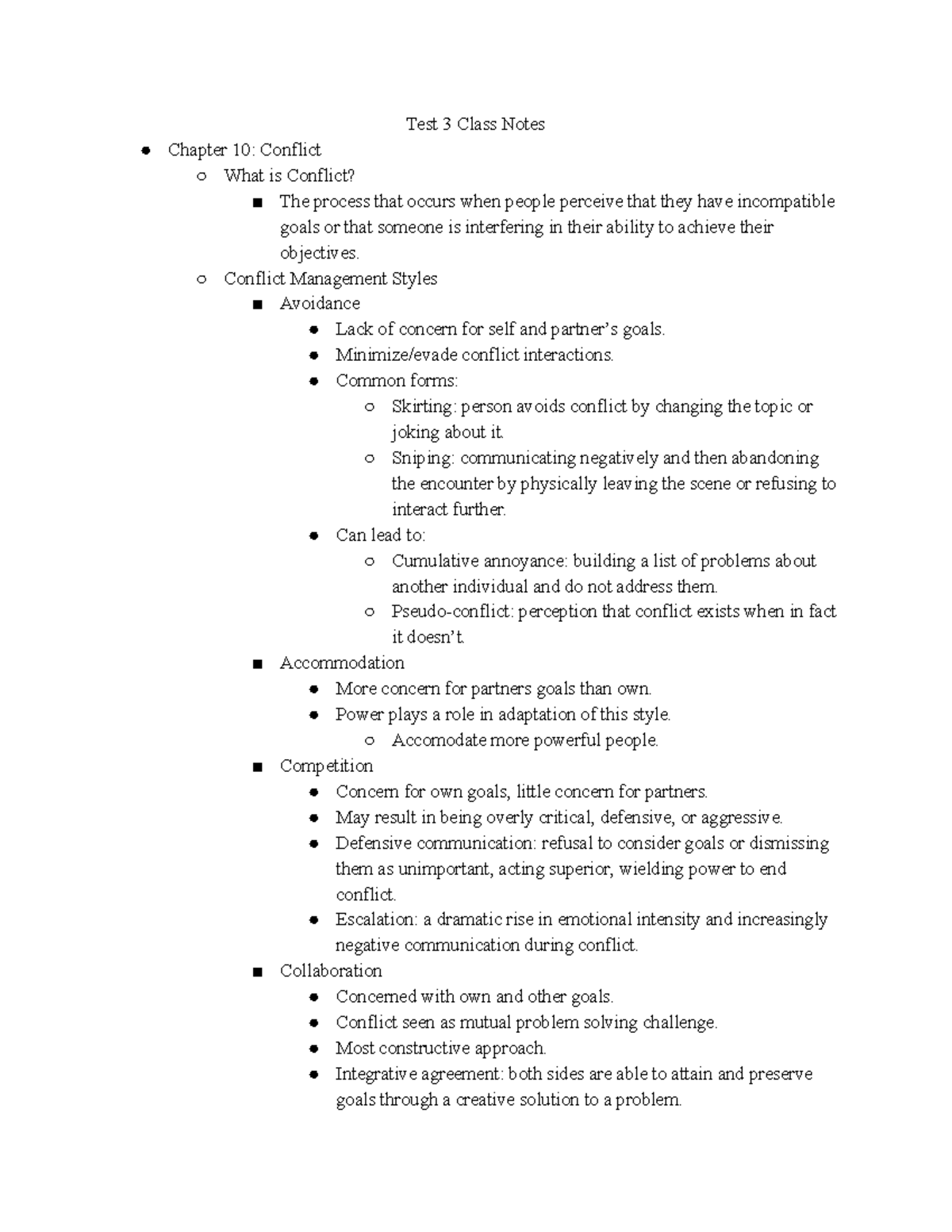 Test 3 Class Notes - Dr. Alam - Test 3 Class Notes Chapter 10: Conflict ...