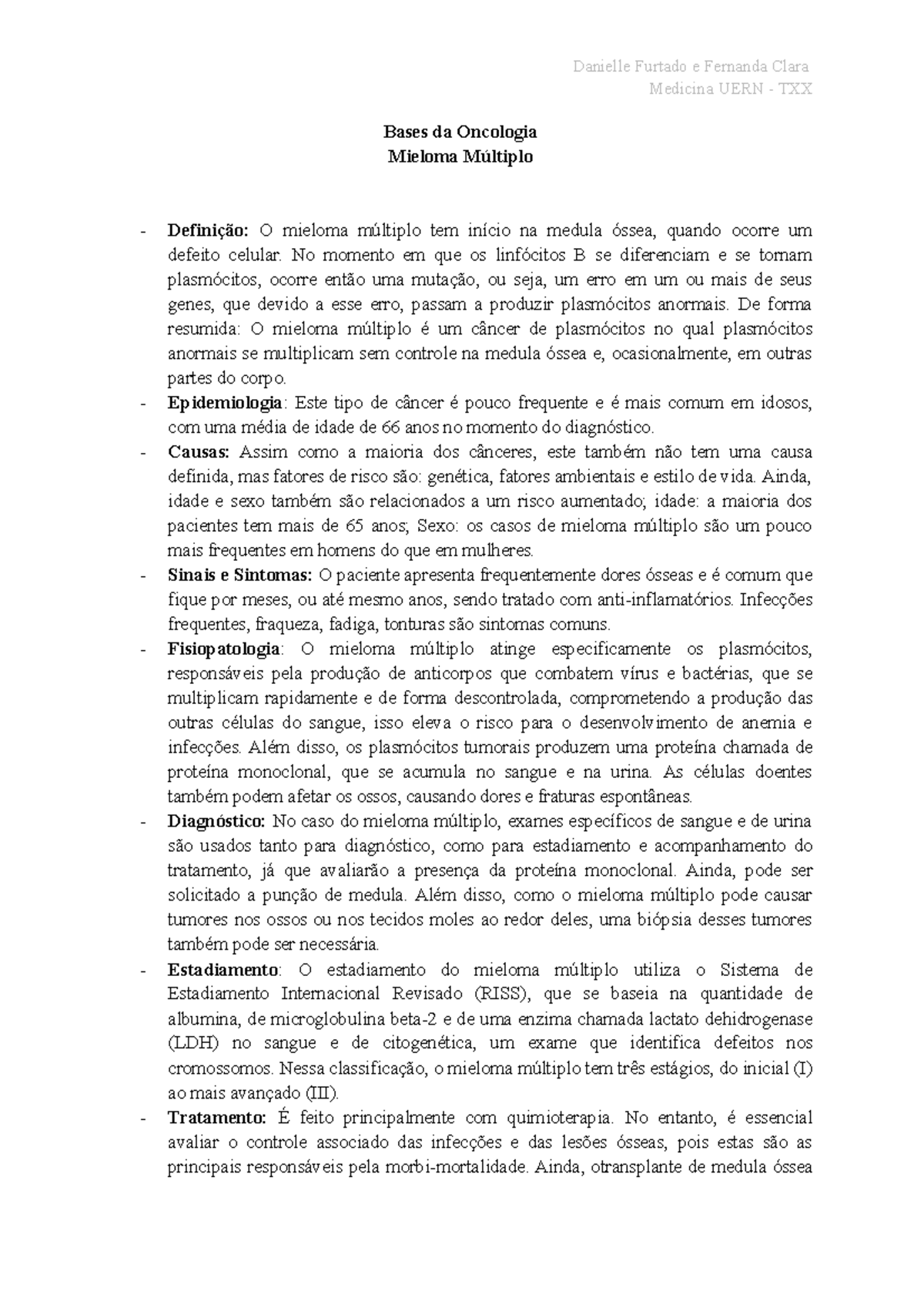 Mieloma - Oncologia - Danielle Furtado e Fernanda Clara Medicina UERN ...