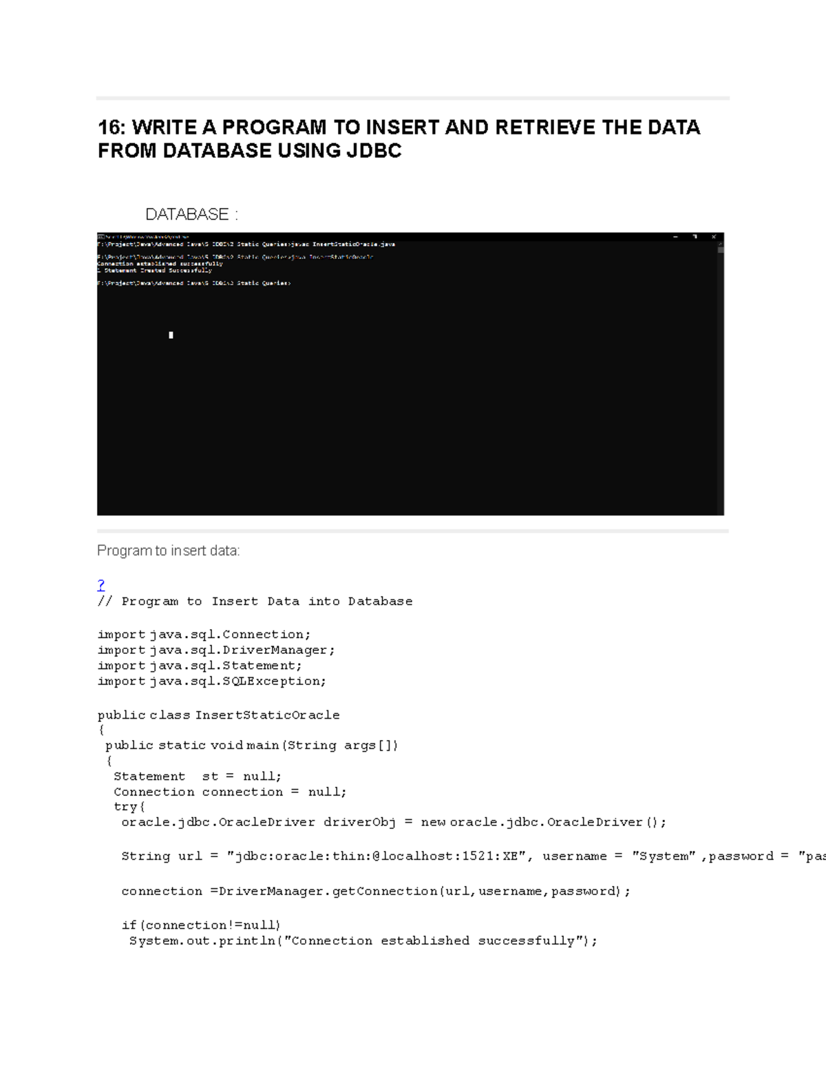 Practical No 16 Ajp 16 WRITE A PROGRAM TO INSERT AND RETRIEVE THE