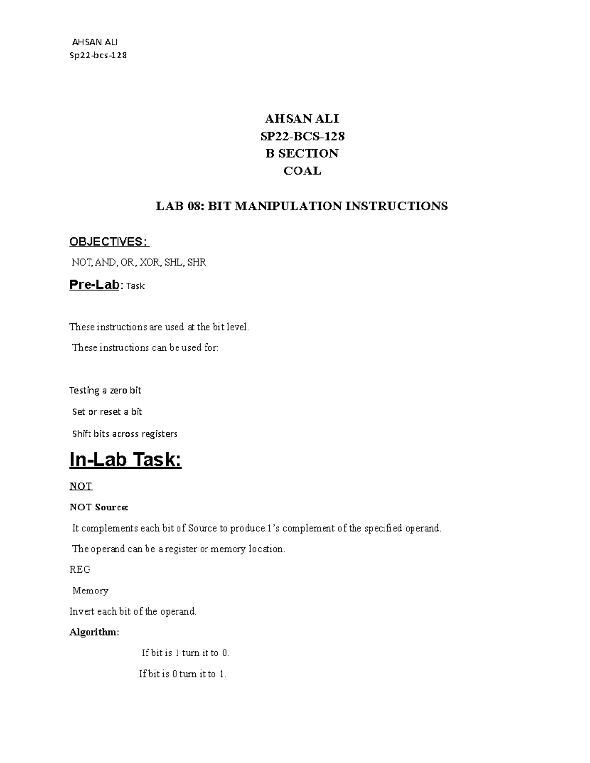 Lab 8 Ahsan Ali COAL - Sp22-bcs- AHSAN ALI SP22-BCS- B SECTION COAL LAB 08: BIT MANIPULATION ...