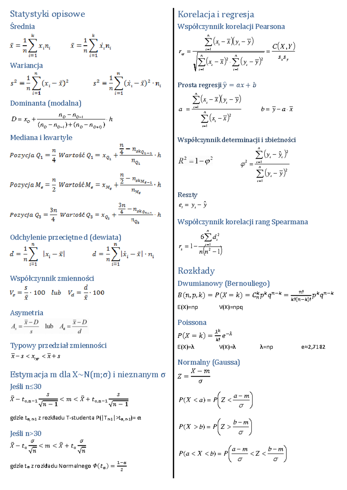 Wzory statystyka - Statystyki opisowe Średnia Wariancja Dominanta ...