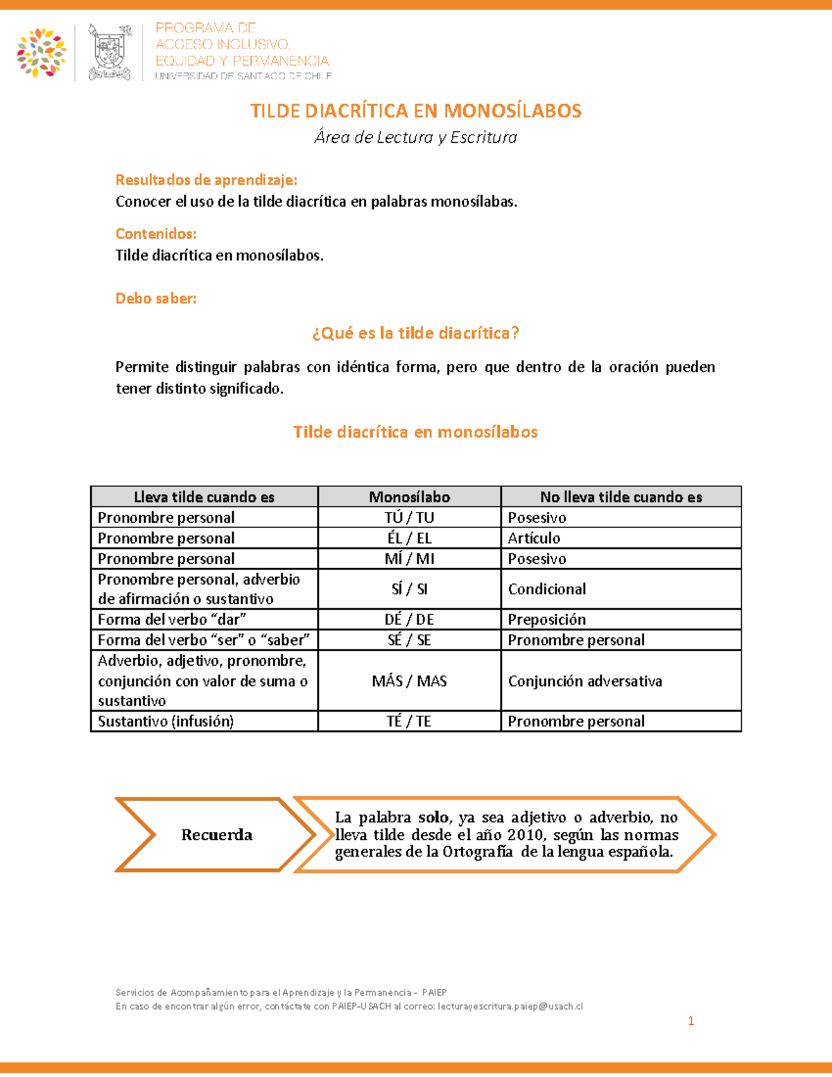 Uso de Tilde Diacrítica en Monosílabos (Contenidos y Ejercitación ...