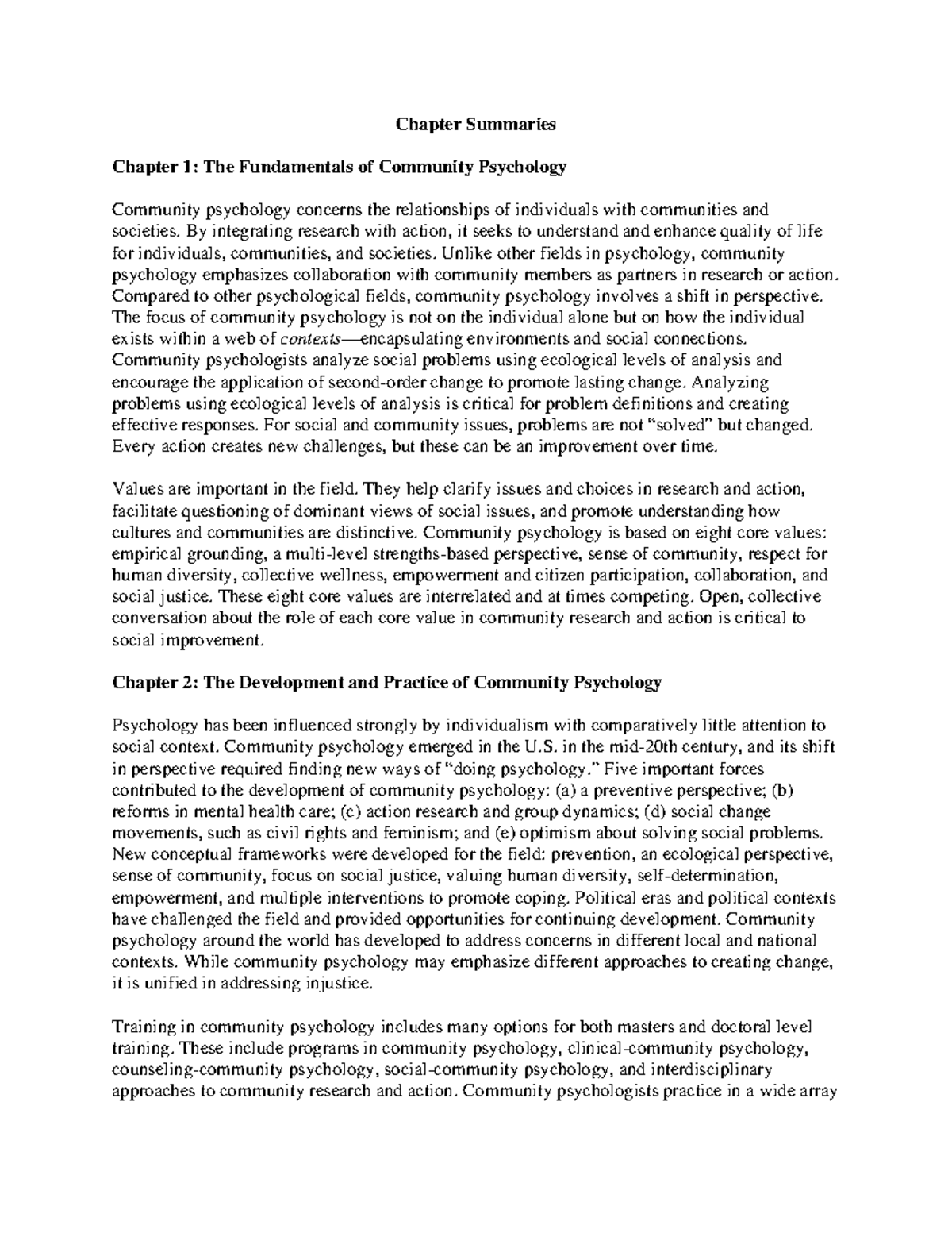 Chapter Summaries - Chapter Summaries Chapter 1: The Fundamentals of Community Psychology ...