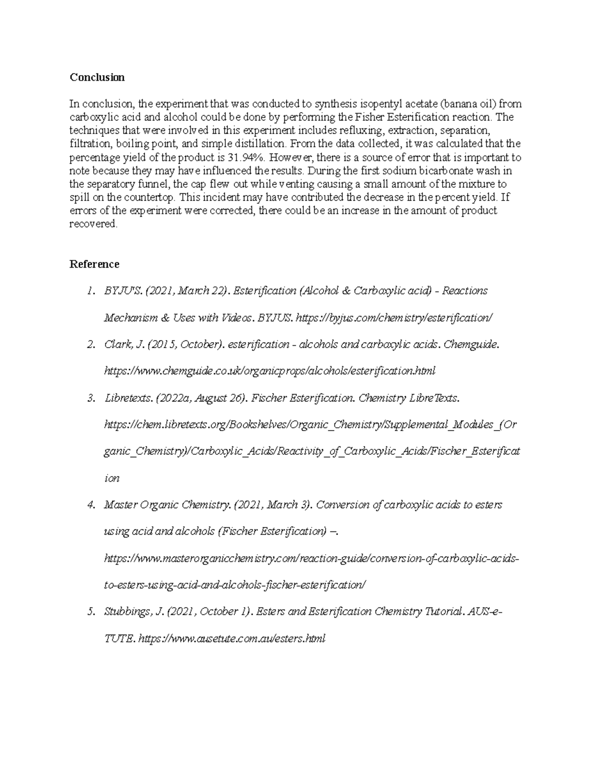 Chm 301 - Lab report conclusion - Conclusion In conclusion, the ...