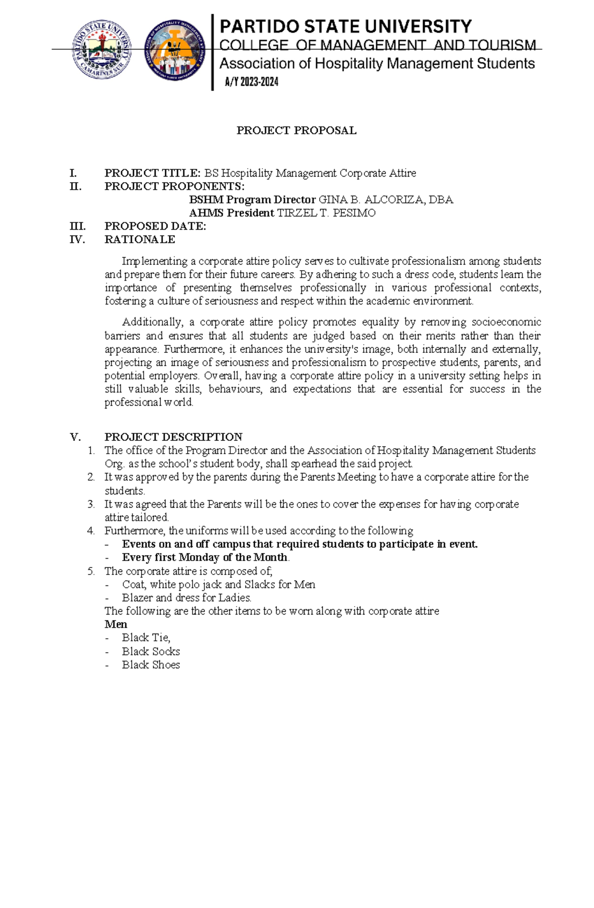 Corporate Attire Proposal - PROJECT PROPOSAL I. PROJECT TITLE: BS ...