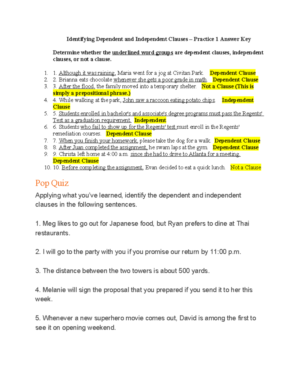 Identifying Clauses - Practice 1 Answer Key - Identifying Dependent and ...