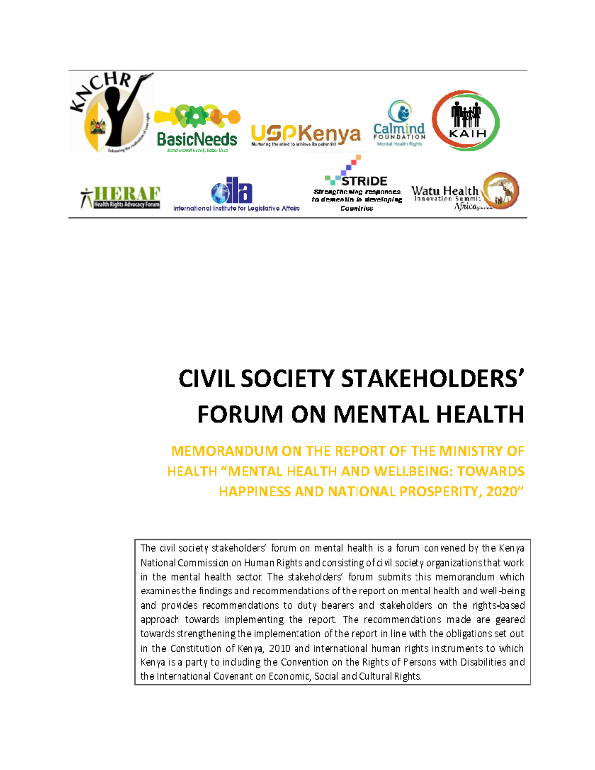 Stakeholders Memorandum on Mental Health Taskforce Report 1 - CIVIL ...