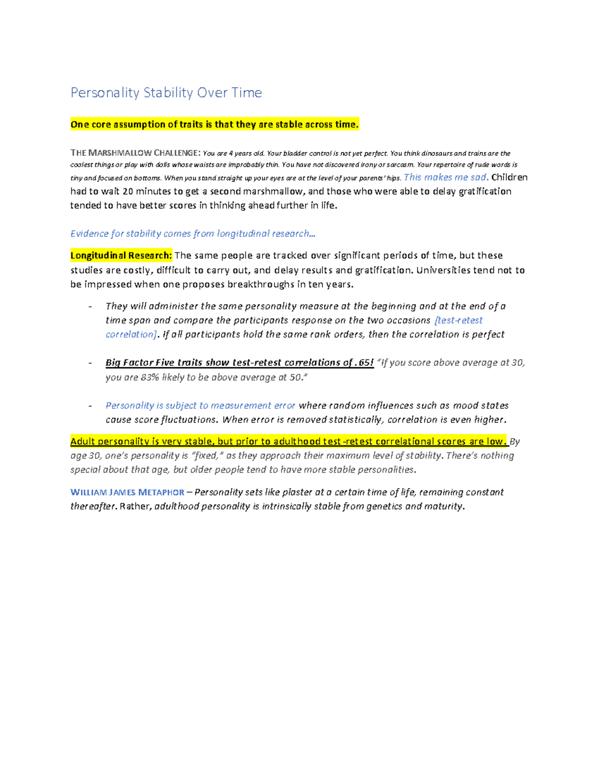 Week 9 Notes Stability of Personality - Personality Stability Over Time ...