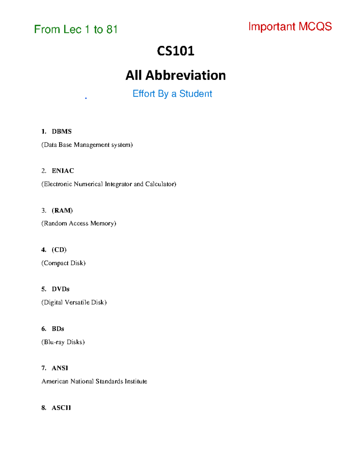 CS101 Abbreviation From LEC 1 to 81 Fall 2023 - CS All Abbreviation 1. DBMS (Data Base ...