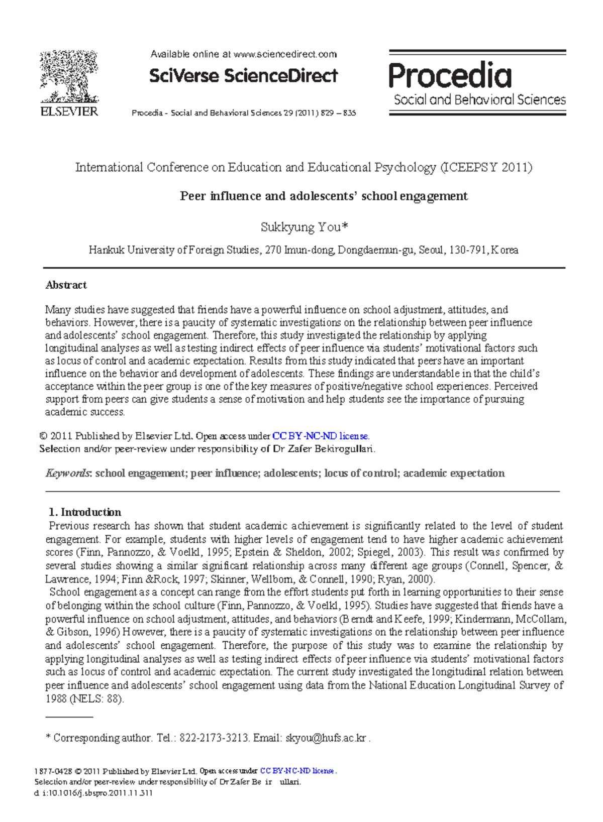 Peer influence and adolescents school engagement - Procedia - Social ...