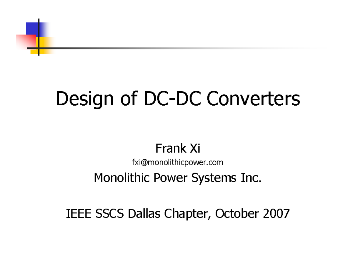 DCDC Design Slides Ver2 - Design of DC-DC Converters Frank Xi fxi ...
