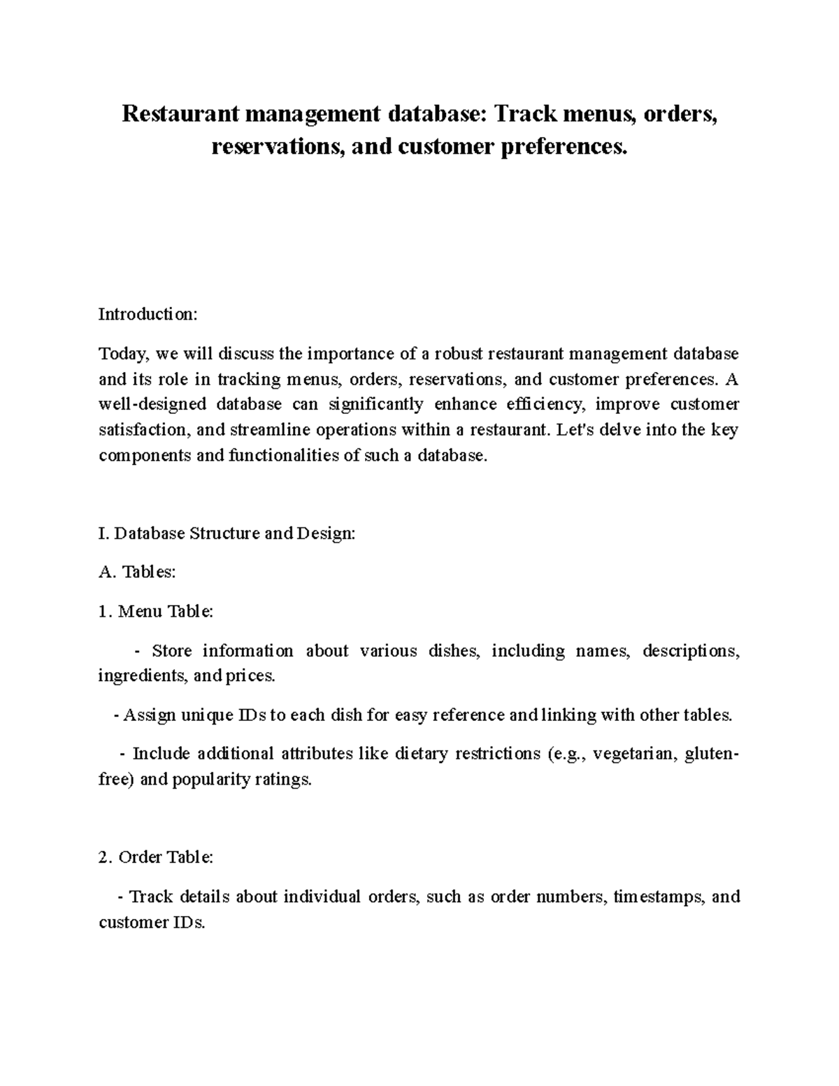 Restaurant management database Track menus, orders, reservations, and ...