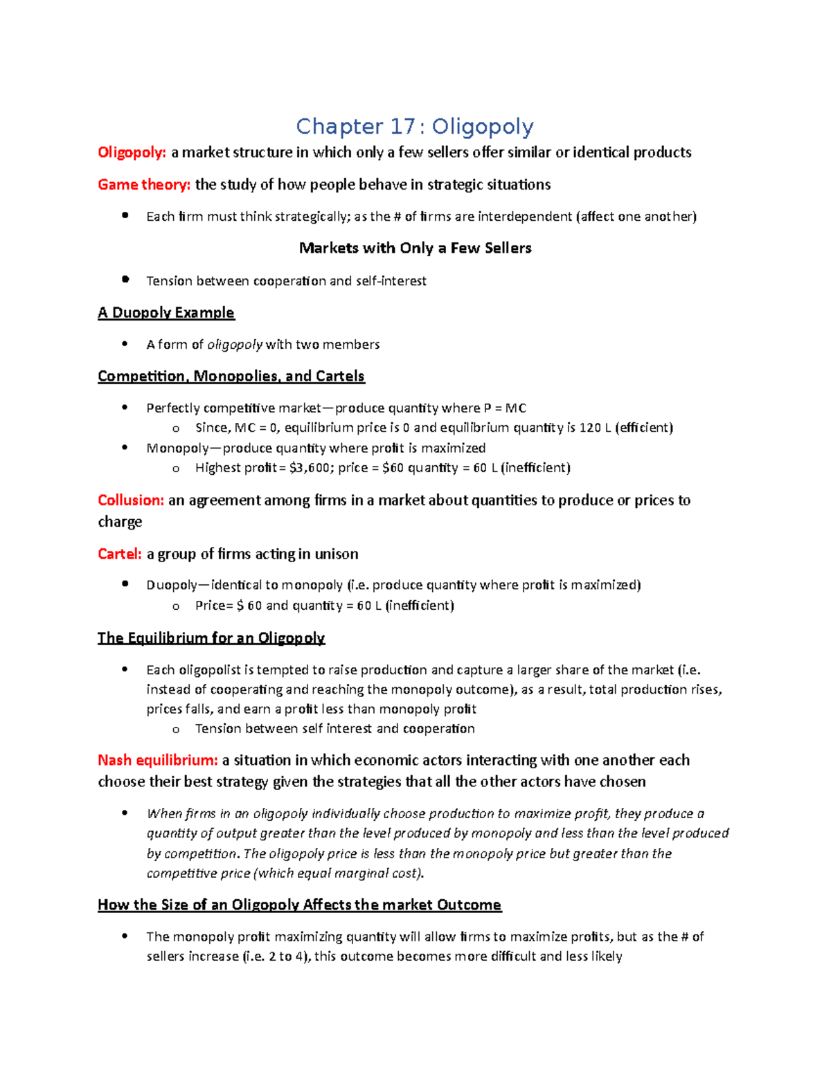 Chapter 17 - Lecture notes 17 - Chapter 17: Oligopoly Oligopoly: a ...