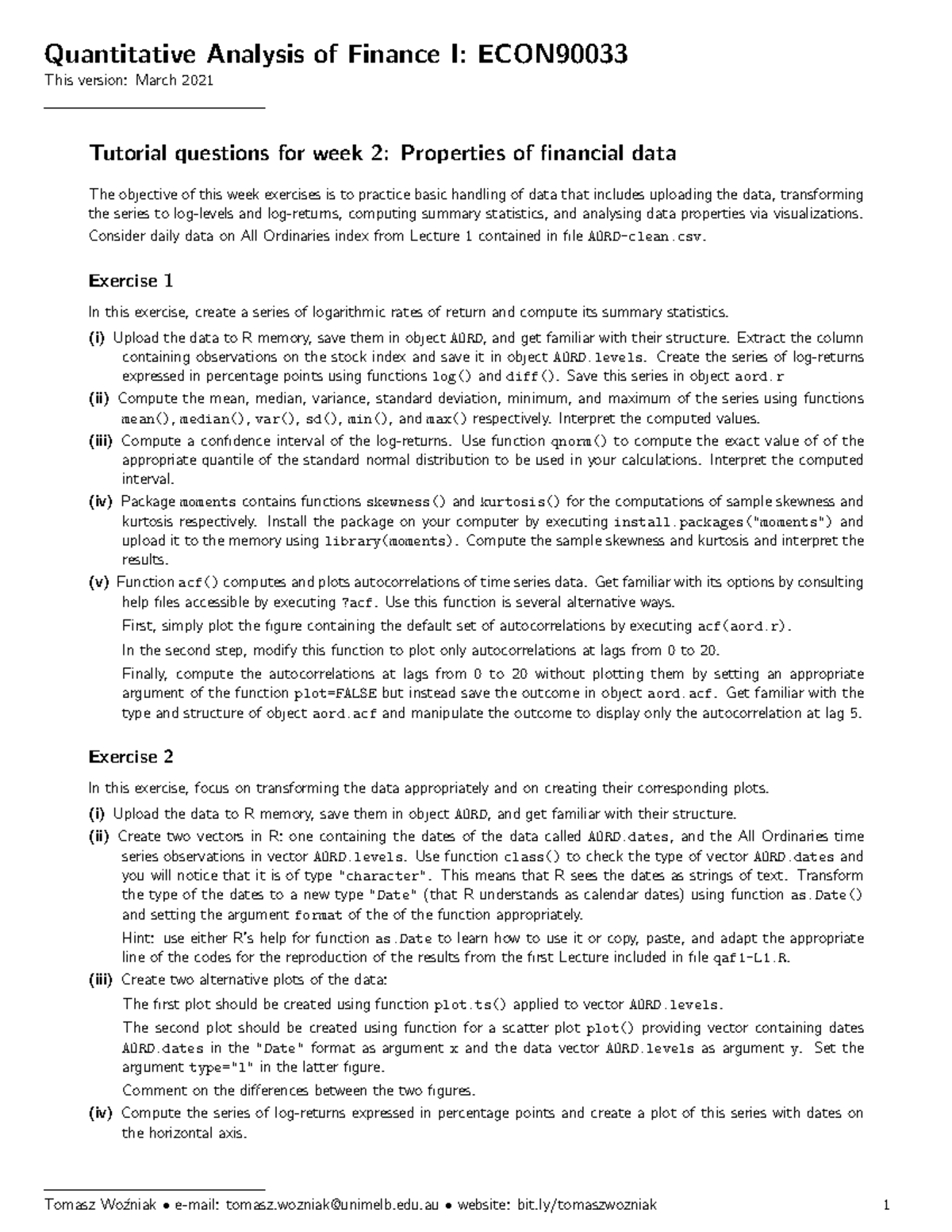 Qaf1-tutorial 2 - Week 2 tute - Quantitative Analysis of Finance I: ECON This version: March ...