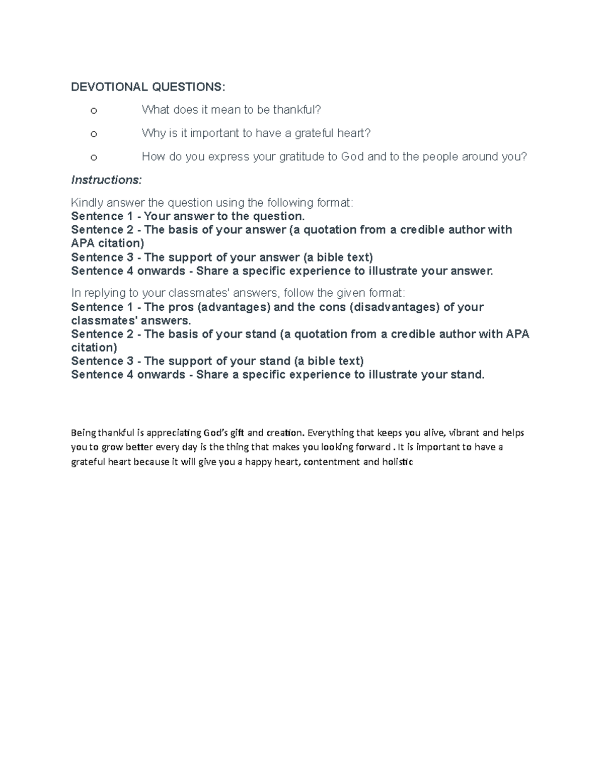 Devotional Questions - For completion. - DEVOTIONAL QUESTIONS: o What ...