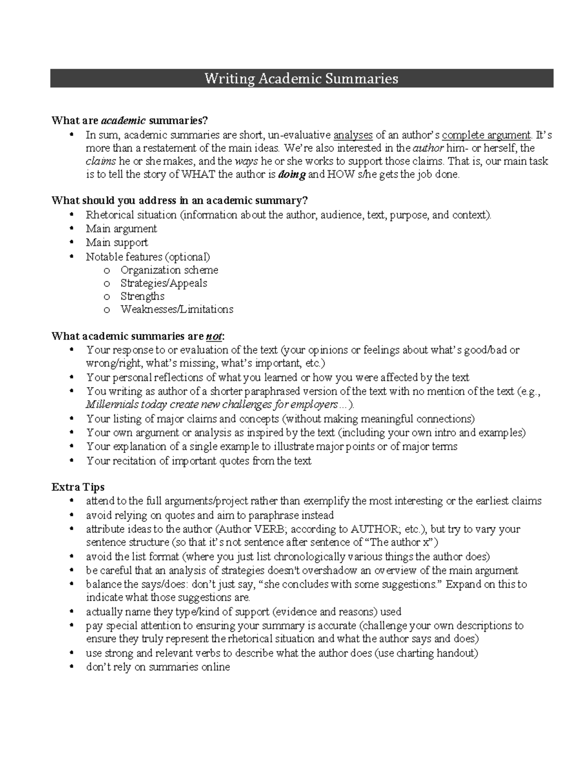 Summary Handout - Freshman Composition - Writing Academic Summaries ...