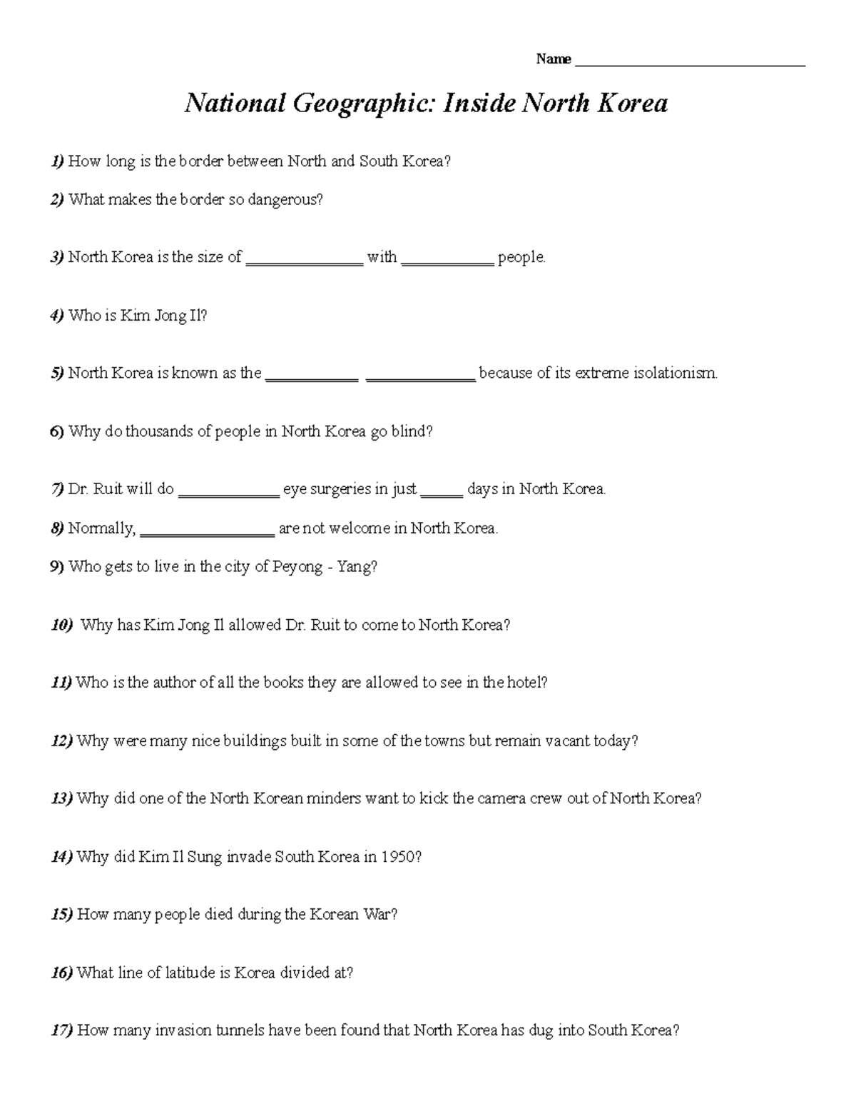 Inside north korea- documentary questions - Name ...