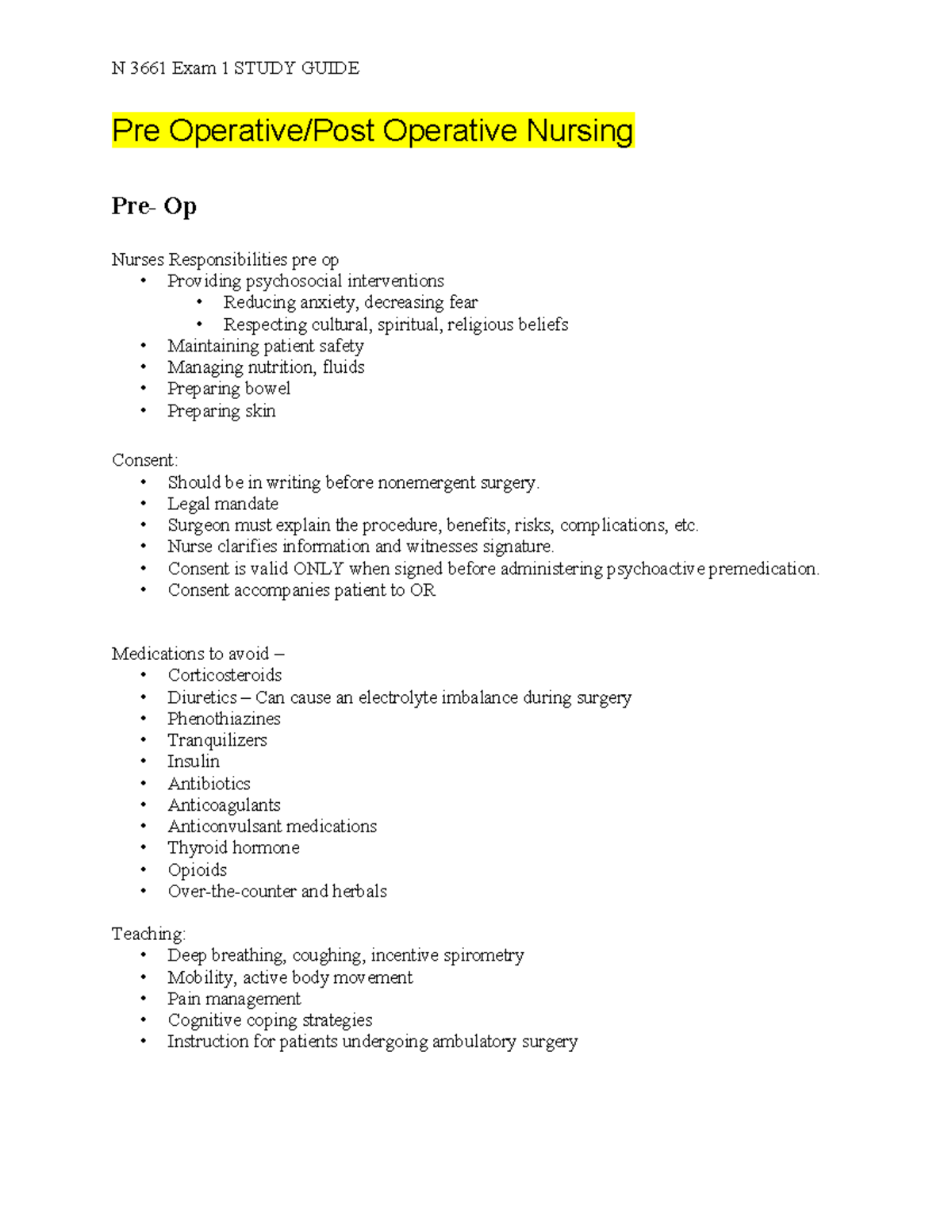 Exam 1 Study Guide - Summary Medical Surgical - Pre Operative/Post ...
